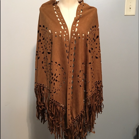 Choles | Jackets & Coats | Choles Suedetta Laser Cut Fringed Cut Shawl ...